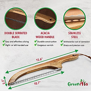 GREENARA Bow Knife - Bread Knife with Dual-Edge Serrated Blade - Right or Left-Handed Sourdough Bread Slicer - Premium Acacia Wood Handle, Stainless-Steel Saw Blade - Slicing & Cutting Kitchen Tool