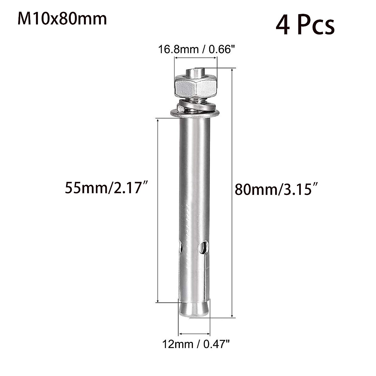 4 Pcs M10 x 80mm 304 Stainless Steel Expansion Bolt External Hex Expansion Screw Bolt Sleeve Anchor，Pool Safety Cover Expansion Bolts，for Concrete