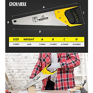 DOWELL 14 in Hand Saw - 11 TPI Fine Cuts Wood Saw Perfect for Sawing, Trimming, Gardening, Cutting Wood, Drywall, Plastic Pipes, Sharp Blade - Crosscut Saw, HY041107
