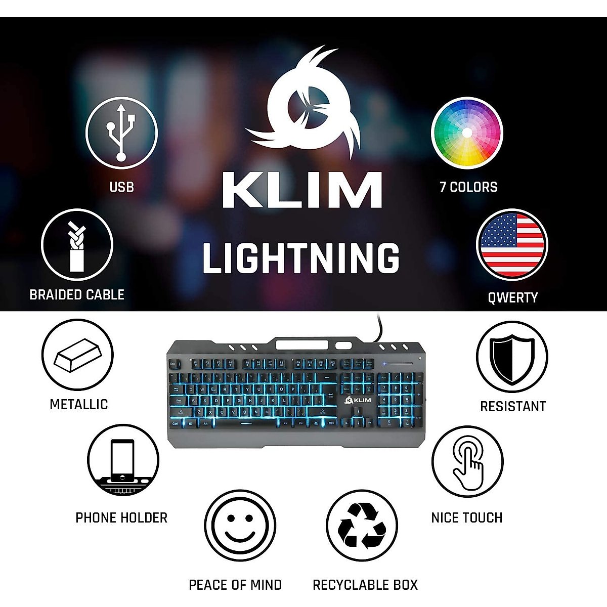Klim Lightning Semi Mechanical Gaming Keyboard + 7 LED Colors + Metal Frame + Compatible with PC Mac PS4 ps5 Xbox One + Wired Hybrid Keyboard (Renewed)