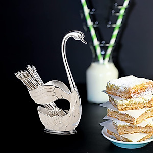 Feyarl Coffee Dessert Sugar Spoon Set Decorative Swan Base Holder with 6pcs Spoons for Stirring Mixing Dessert Ice Cream Coffee Teaspoon Cake Flatware (Silver)