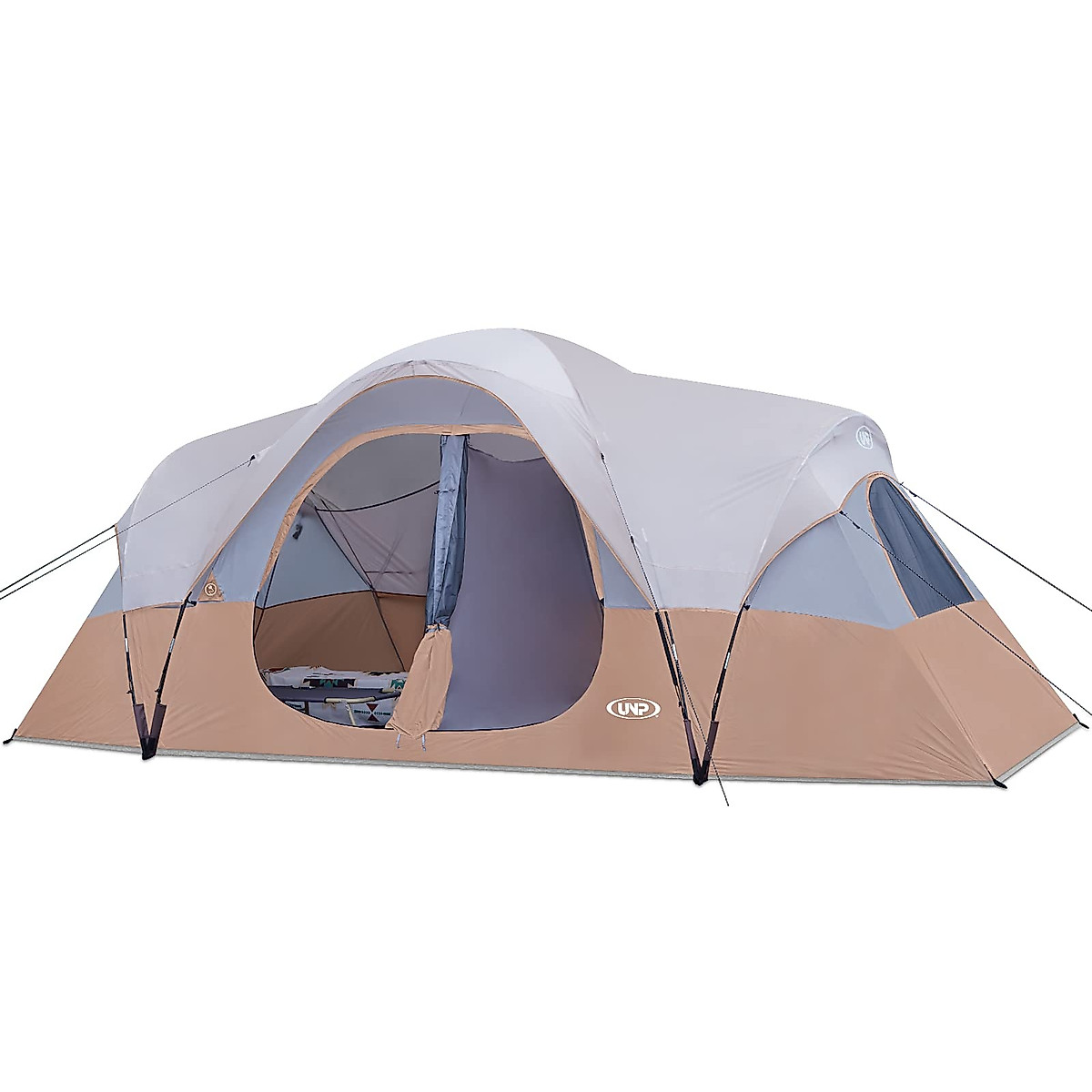 UNP Camping Tent 10-Person-Family Tents, Parties, Music Festival Tent, Big, Easy Up, 5 Large Mesh Windows, Double Layer, 2 Room, Waterproof, Weather Resistant, 18ft x 9ft x78in (Khaki Brown)