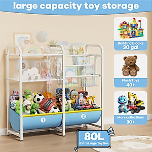 Kids Bookshelf and Toy Storage - 3 Tier Montessori Bookshelf with Fabric Toy Box, Nursery Book Shelves for Children, Baby Toddler Toy Organizer Book Shelf for Kids Rooms, Living Room, Bedroom