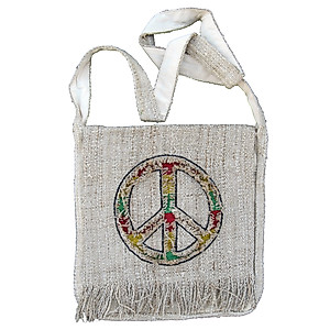 Original Collections Unisex Bohemian 100% Hemp Hippie Peace Sign Crossbody-Messenger-Bag with Rasta Colors