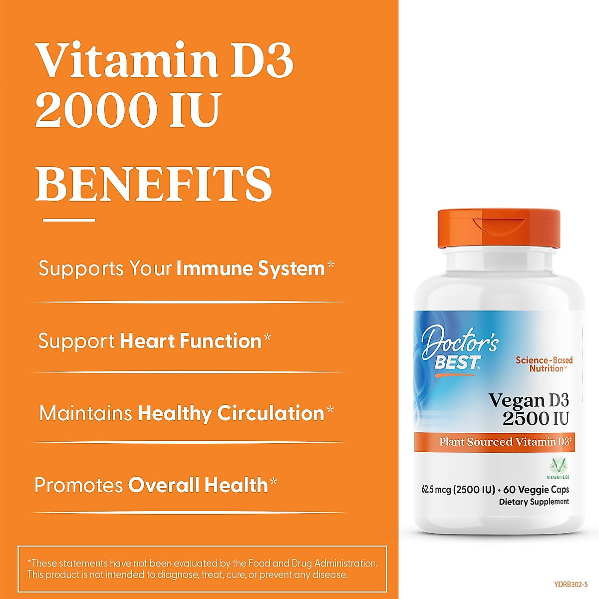 Doctors Best Vegan D3 2500 IU (Vitashine), Plant Sourced Vitamin D3, Non-GMO, Gluten Free, Soy Free, Vegan 60 Veggie Caps