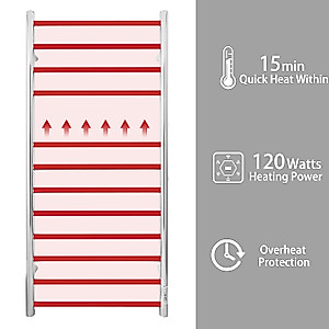 KEG Towel Warmer Wall Mounted with Built-in Timer 12 Bars Electric Stainless Steel Heated Towel Racks for Bathroom, Hot Plug-in Bath Towel Heater Polish Chrome