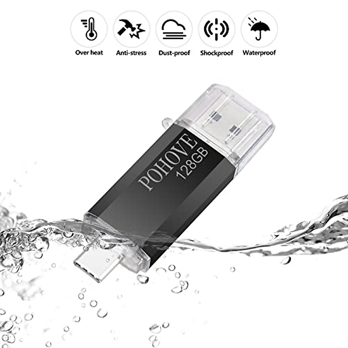 POHOVE USB C Memory Stick 128GB Type C USB Flash Drive 128GB 2-in-1 OTG Pen Drive 128 GB USB Key Compatible with Samsung Huawei Oneplus Android Smartphone MacBook PC Tablets (Black)