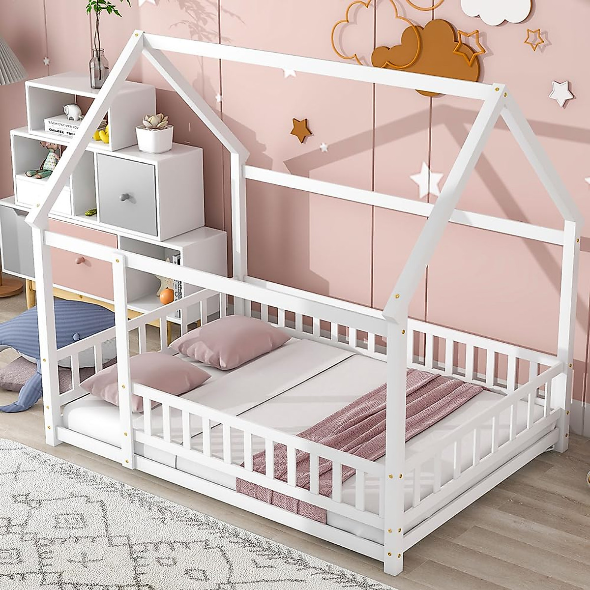 MilleLoom Full Size Solid Pine Wood Floor Bed Frame, Full Size House Floor Bed with Roof Fence Guardrails, Multifunctional Playhouse Bed for Kids Boys Girls Teens, Easy Assembly, White