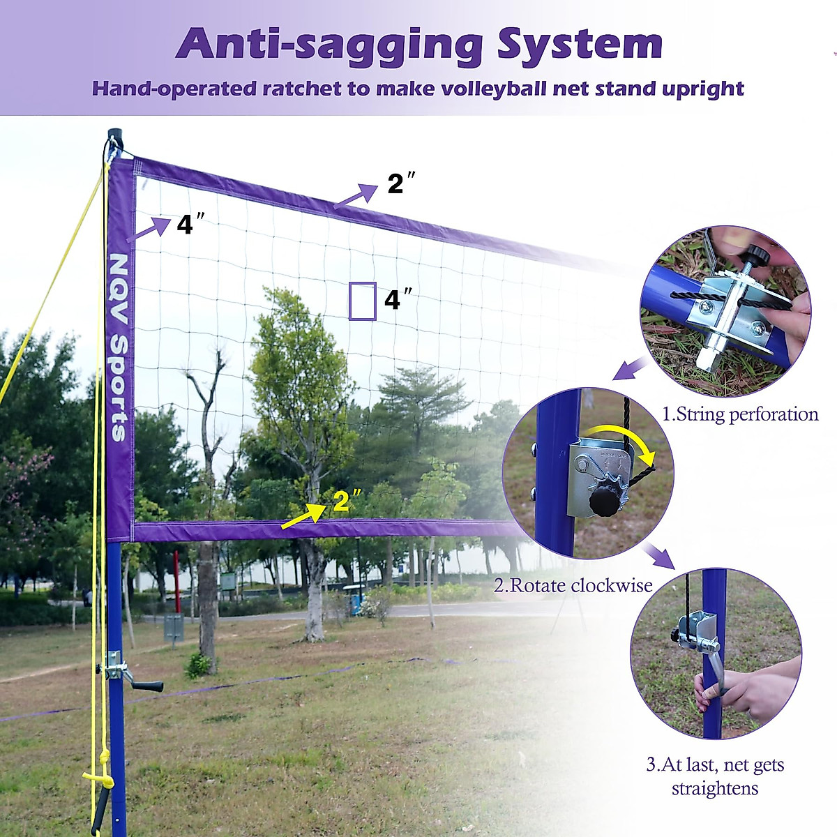 NQV Professional Portable Outdoor Purple Volleyball Net Set with Adjustable 3 Levels Height Steel Poles, Anti-sag System,Volleyball,Pump,Boundary Line and Carrying Bag for Backyard