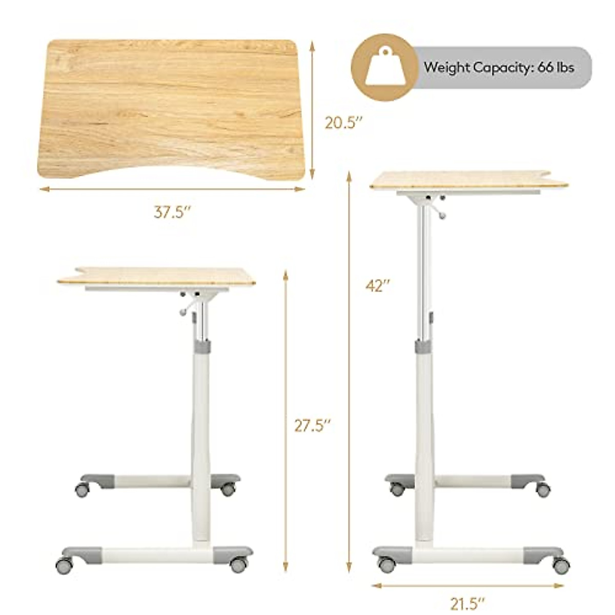 COSTWAY Mobile Height Adjustable Standing Desk, Compact Pneumatic Sit to Stand Computer Desk w/Lockable Casters, Ergonomic Rolling Laptop Table w/Steel Frame for Home Office (Natural)