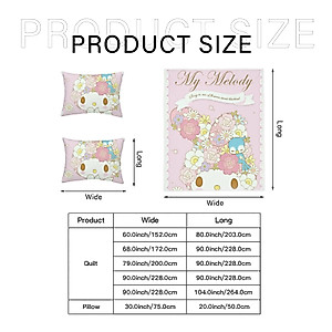 DIEZ Anime My Bunny Melody 3-Piece Duvet Cover Melody Kawaii Bedding Set Ultra Soft Reversible Breathable 3D Printed Microfiber Comforter Set,1 Bed Cover and 2 Pillowcases, Full