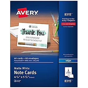 Avery Printable Note Cards, 4.25" x 5.5", Inkjet Printable, 60 Blank Cards and Envelopes (8315)