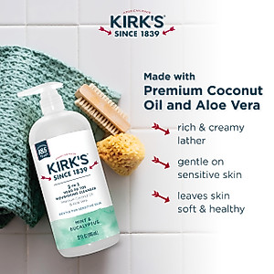 Kirk's 3-in-1 Head to Toe Nourishing Liquid Cleanser & Travel Size Bar Soap - for Men, Women & Children - Premium Coconut Oil & Aloe Vera- Non GMO & Vegan -Mint & Eucalyptus - 32 Fl Oz