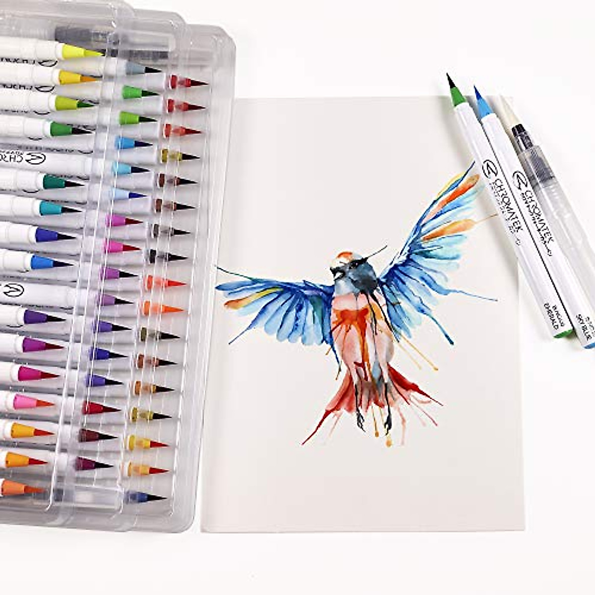 54 Watercolor Pens, 15 Page Pad & Online Video Tutorial Series by Chromatek. Real Brush Pens. 4 Blending Brushes. Easily Blendable. Vivid. Smooth. 50 Unique Colors. Professional Art Supplies