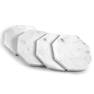 Mela Artisans Set of 4 Hand Crafted Marble Coasters - White, Octagon | Coffee Table Decor | Absorbent Keeping Surfaces Dry & Safe | Ideal for Wine Glasses, Water Cups or Beer Mugs