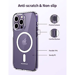 MOMAX Magnetic Phone Case, Clear Hybrid Lite Magsafe Case for iPhone 14 Pro Max, Slim Magnet Phone Case with Anti-Scratch,Shock,Drop Protection, Non Yellowing 14 Pro Max Case with Magnet, Clear
