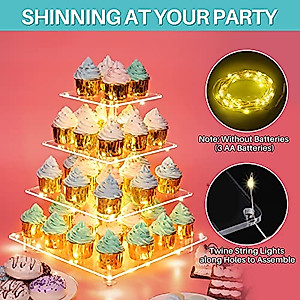 Antimbee 4 Tier Clear Acrylic Cupcake Stand with Gold LED String Lights, Square Tower Cupcake Display Holder
