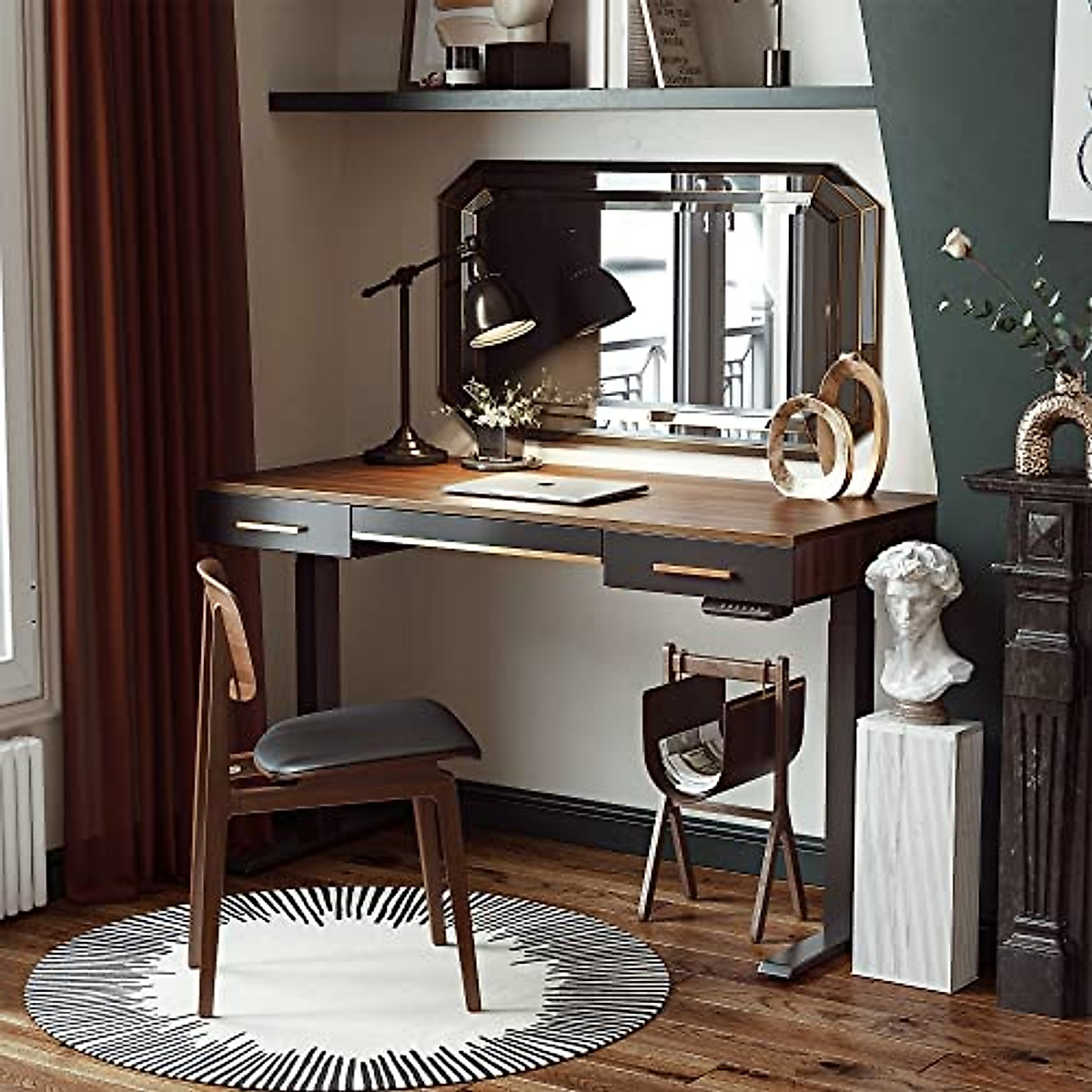 FEZIBO 55 x 26 Inches Mid-Century Modern Electric Standing Desk with 3 Drawers, Whole-Piece Stand Up Home Office Desks, Vintage Top/Black Frame（2 Packages）