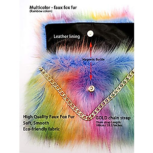 FHQHTH Faux Fox Fur Purse Fuzzy Handbags for Women Foldover Evening Bags Al alloy Shoulder Strap [Rainbow colors]