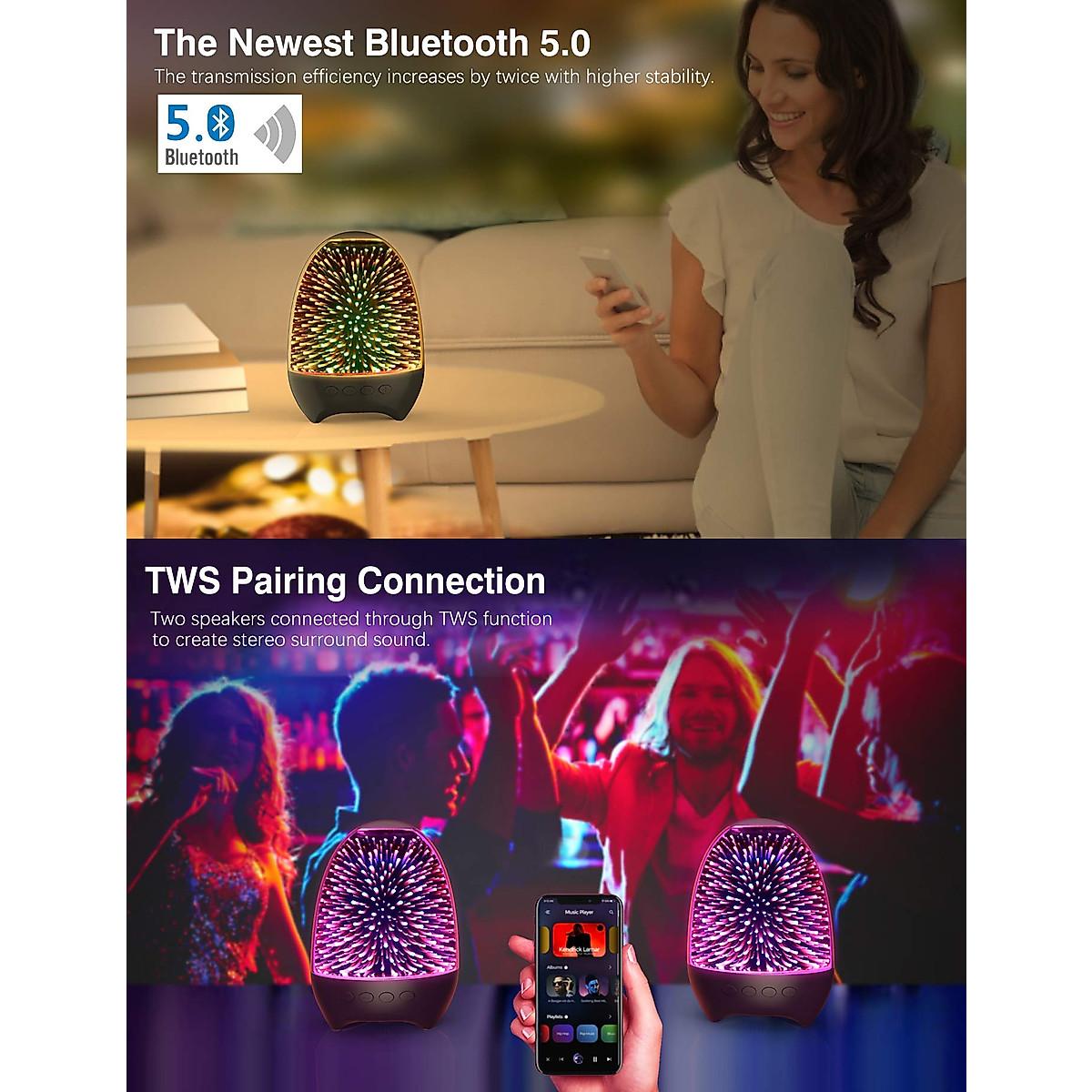 Aiscool Night Light Bluetooth Speaker, 3D Glass Music Bedside Table Lamp with 7 Colors, LED Touch Night Lamp Rechargeable Portable Lamp Gifts for Girls, Boys, Women, Men, Dad, Mom(Galaxy Black)