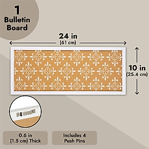 Long Decorative Cork Board for Walls, White Framed Tack Bulletin Board with Floral Print for Bedroom, Dorm Room (10 x 24 in)