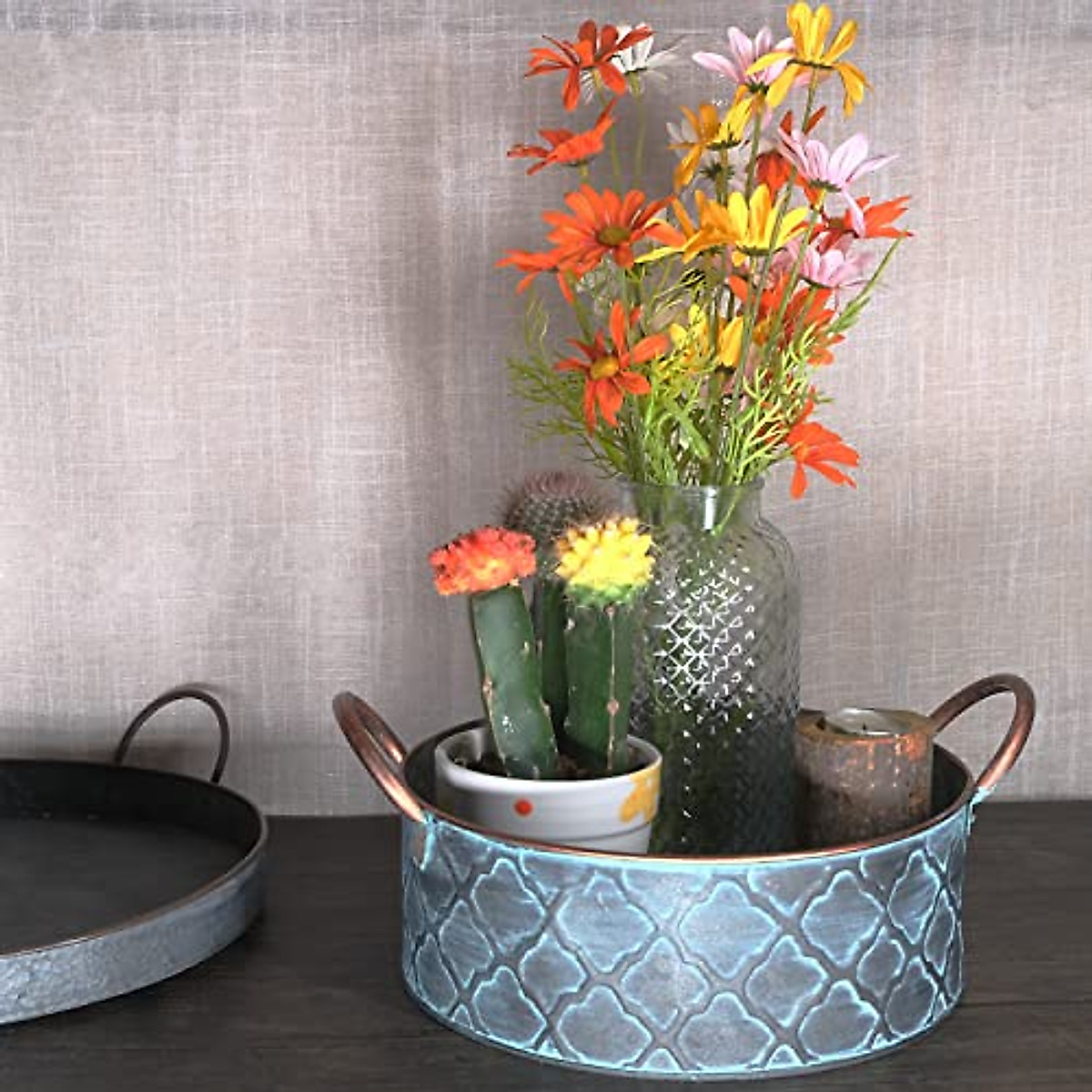 Farmway Decorative Galvanized Metal Round Serving Tray with Handles, Indoor and Outdoor Rustic Farmhouse Decor Food Serving Tray - Grey Green - 12.6”L × 9.8”W × 5.3”H