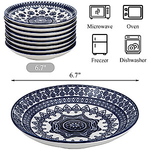 Foraineam 8 Pack Porcelain Salad Plates, 6-3/4 inch Blue and White Floral Shallow Round Serving Plate for Appetizer Salad Dessert and Snack, Microwave & Dishwasher Safe