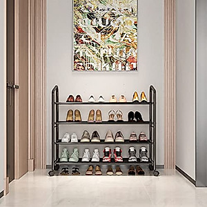 LEAIJIAFY Metal Shoe Rack Black with Wheels,4 Tier Sturdy Fabric Shelf Shoe Racks for Closet Entryway Garage, Rolling Small Shoe Rack Closet Organizer for Small Space,Wide Shoe Rack Stand,20 Pairs
