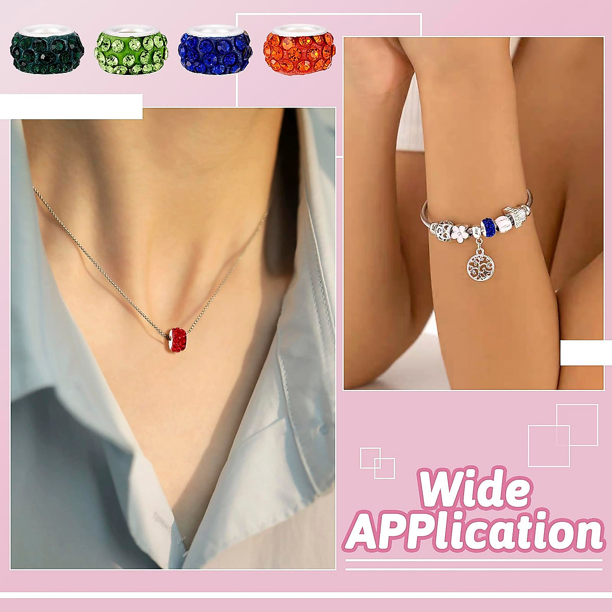 Craftdady 100Pcs Random Mixed Color Polymer Clay Large Hole European Beads with Rhinestone 11-12x7-7.5mm Rondelle Slide Bead Spacers for DIY Snake Chain Bracelet Making 5mm Big Hole