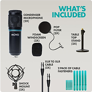 Movo PodPak2T 2-Pack Universal XLR Condenser Microphone Podcasting Equipment Bundle for 2 - Includes 2 Cardioid Mics, Desktop Stands, Shock Mounts, Pop Filters and Cables - Podcast and YouTube Kit