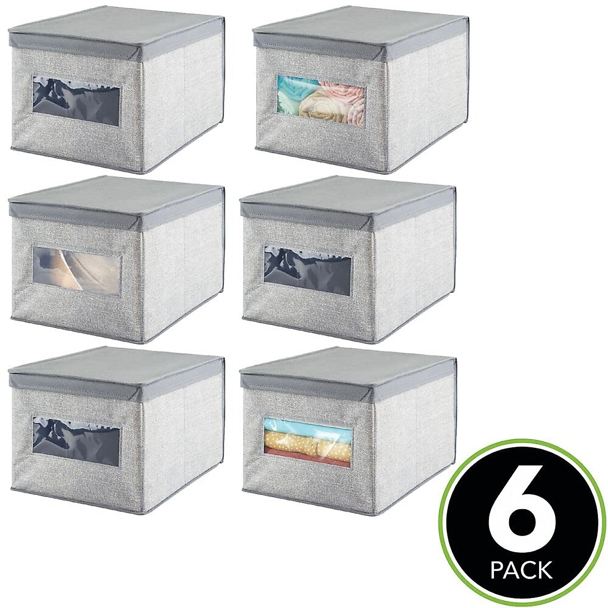 mDesign Large Fabric Stackable Closet Organizer Box with Clear Window/Lid for Bedroom, Office, Bathroom, Mudroom Organization - Shoe, Sweater, Clothes Storage, Lido Collection, 6 Pack, Gray