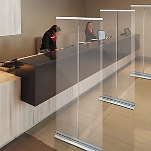 BannerBuzz Floor Standing Sneeze Guard - Full Tarp with Steppy Retractable Stand Isolation Barrier - Clear Film Protective Shield for Cafes, Retail Stores, Cashier, Receptionist (4' x 6.5')