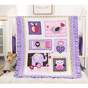 Wowelife Elephant Crib Bedding Set 100% Cotton 3-Piece Baby Bedding Set Purple Elephant Owl Nursery Bedding Set Crib Sheet Sets for Boy and Girl