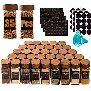 Yangbaga 35Pcs Glass Spice Jars with Labels，4oz Empty Square Spice Bottles with acacia wood lid & Shaker Lids and Silicone Collapsible Funnel Included
