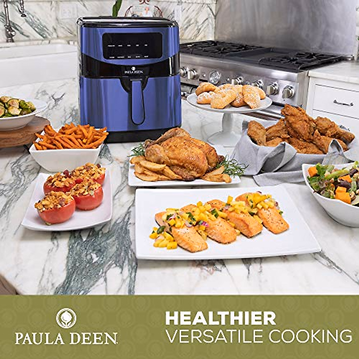 Paula Deen Stainless Steel 10 QT Digital Air Fryer (1700 Watts), LED Display, 10 Preset Cooking Functions, Ceramic Non-Stick Coating, Auto Shut-Off, 50 Recipes (Blue Stainless)