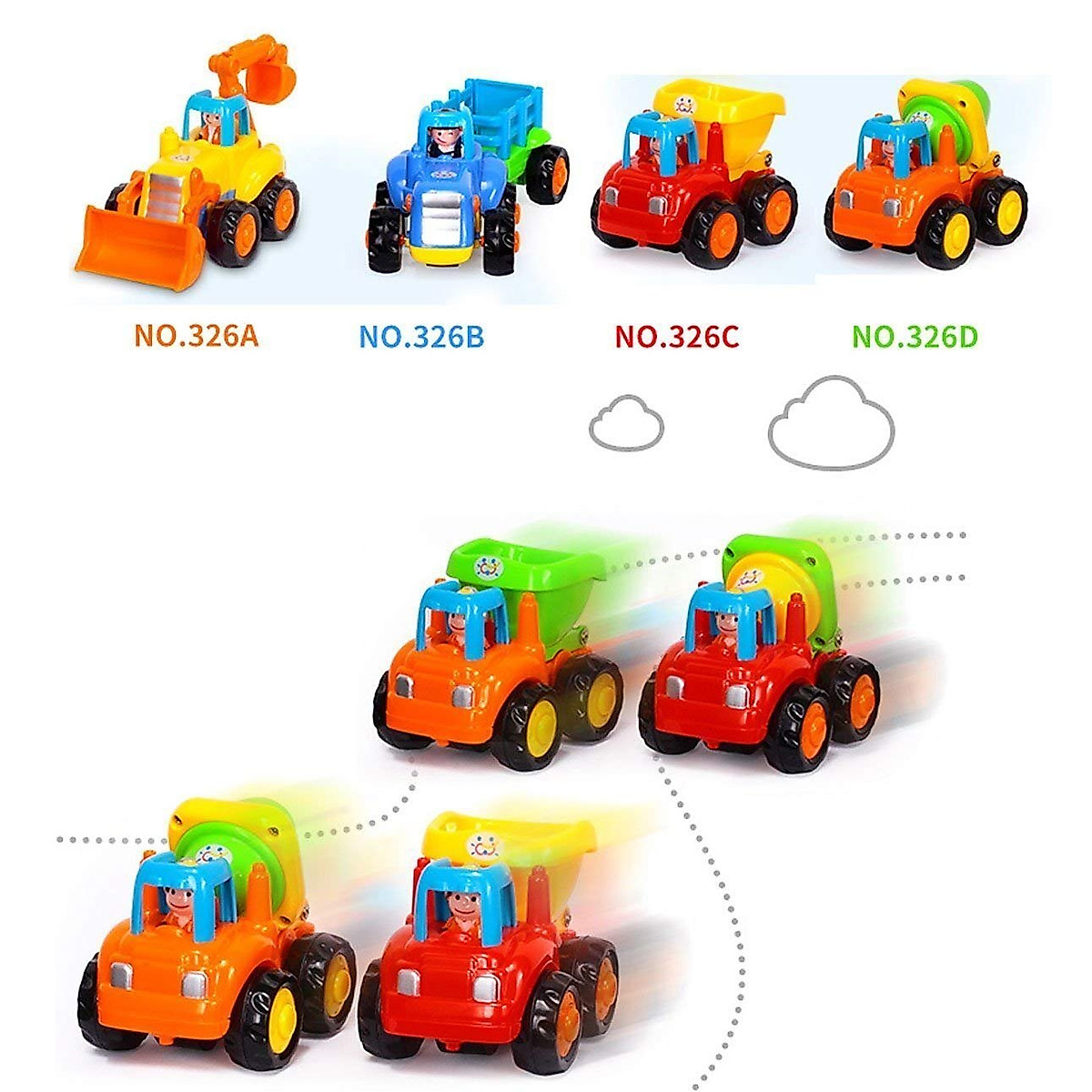 Berry President Set of 4: Early Educational Push and Go Friction Powered Car Tractor Bulldozer Mixer Truck and Dumper Toys for Toddler Baby Children Kids Boys Girls (4EngineeringCar)