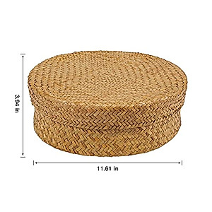 YIFANZHIBIAN Seagrass Storage Basket，Eco-friendly Wicker Basket with Lid，Woven Water Hyacinth Basket，Handmade and Natural Rattan Baskets with 4 Sections for Living Room（Round, Yellow Color）
