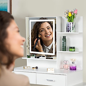 Lucaseone Vanity Table with Lighted Mirror, Makeup Vanity with Lights and Drawers, Vanity Desk Dressing Table with Cushioned Stool for Bedroom (3080 LED White)