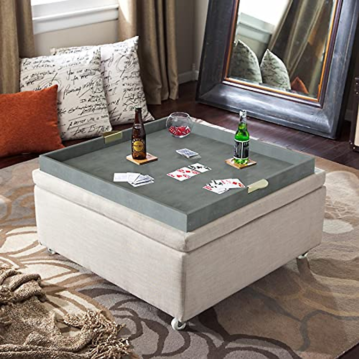 HofferRuffer Extra Large Square Serving Tray, Elegant Faux Leather Ottoman Tray with Gold Hardware Handles, Serve Tea, Coffee or Breakfast in Bed, 23.6 x 23.6 inches (Large Square)