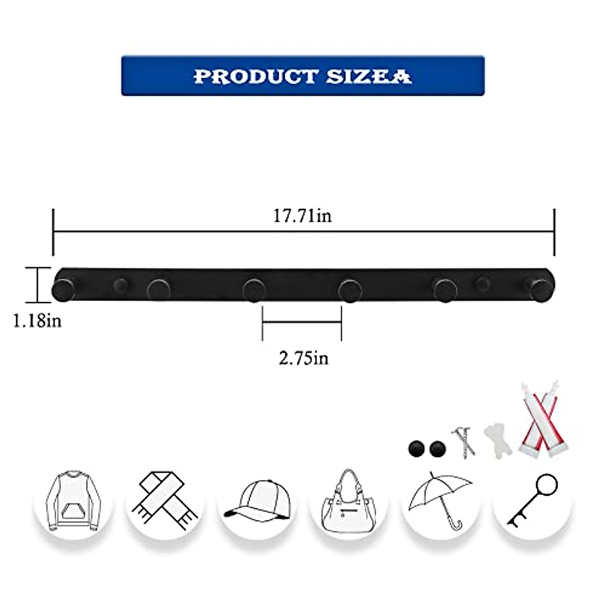 Potaosey Black Wall Coat Rack, 17in Wall Mounted Coat Rack with 6 Hook,Modern Style Coat Rack Wall Mounted,Metal Coat Hooks Rail for Coat Hat Key Bathroom Entryway