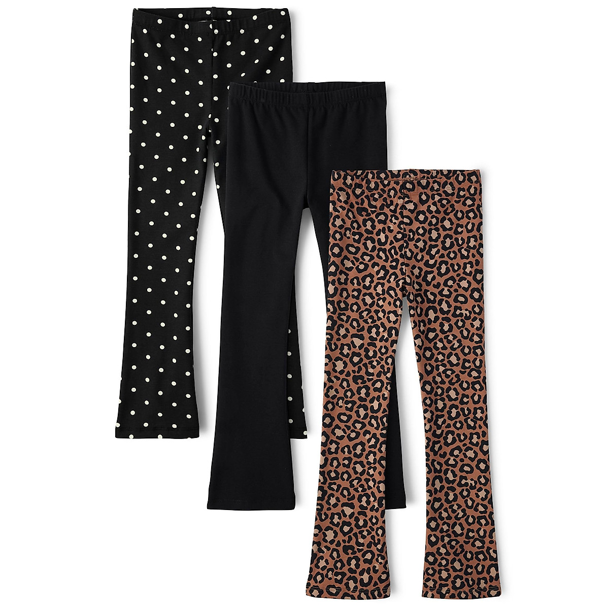 The Children's Place,Flare Legging Pants 3-Pack,Black | Cheetah Three Color_Pecan Pie | Two Color Dot_Black,XXLarge(16)