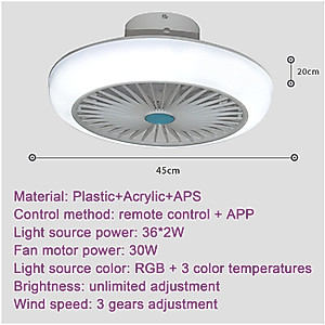 Ceiling Fans with Lights and Remote Bluetooth, RGB Dimmable LED Enclosed Ceiling Fans for Kids Room, with Bluetooth Speaker And 3 Colors Led Light, 3 Wind Speed & App-Timing Setting, White 17.7''