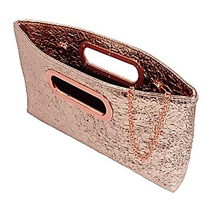 Crushed Metallic Top Handle Clutch, Rose Gold