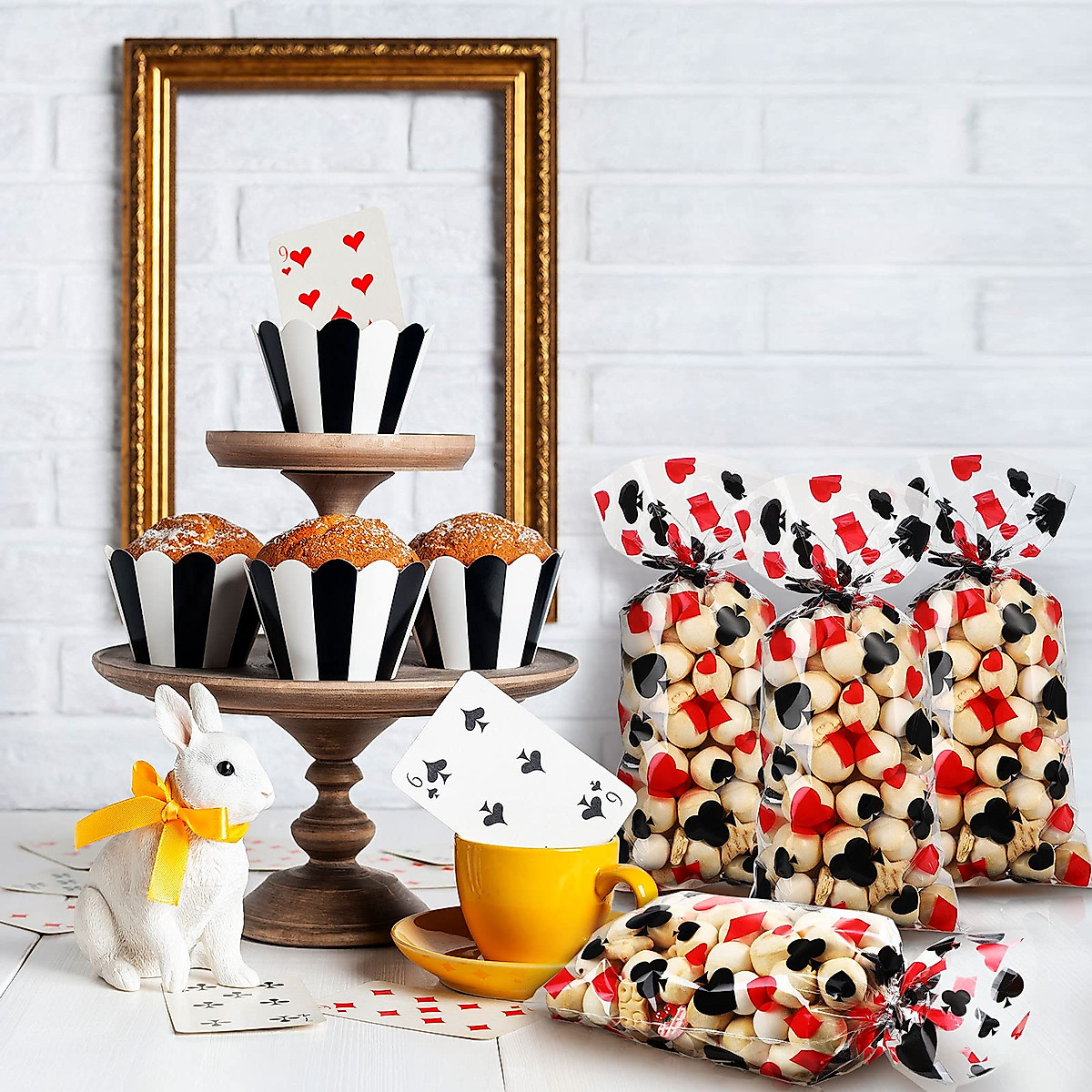 100 Pieces Casino Party Cellophane Treat Bags, Black Red Las Vegas Poker Party Plastic Candy Bags Goodie Favor Bags with 100 Silver Twist Ties for Casino Themed Poker Birthday Party Supplies