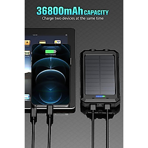 Feeke Solar-Charger-Power-Bank - 36800mAh Portable Charger,QC3.0 Fast Charger Dual USB Port Built-in Led Flashlight and Compass for All Cell Phone and Electronic Devices(Deep Black)