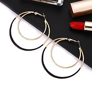 Hoop Earrings for Women Statement Double Circle Earrings Geometric Glazed Layers Oval Drop Dangle Earrings (Black)