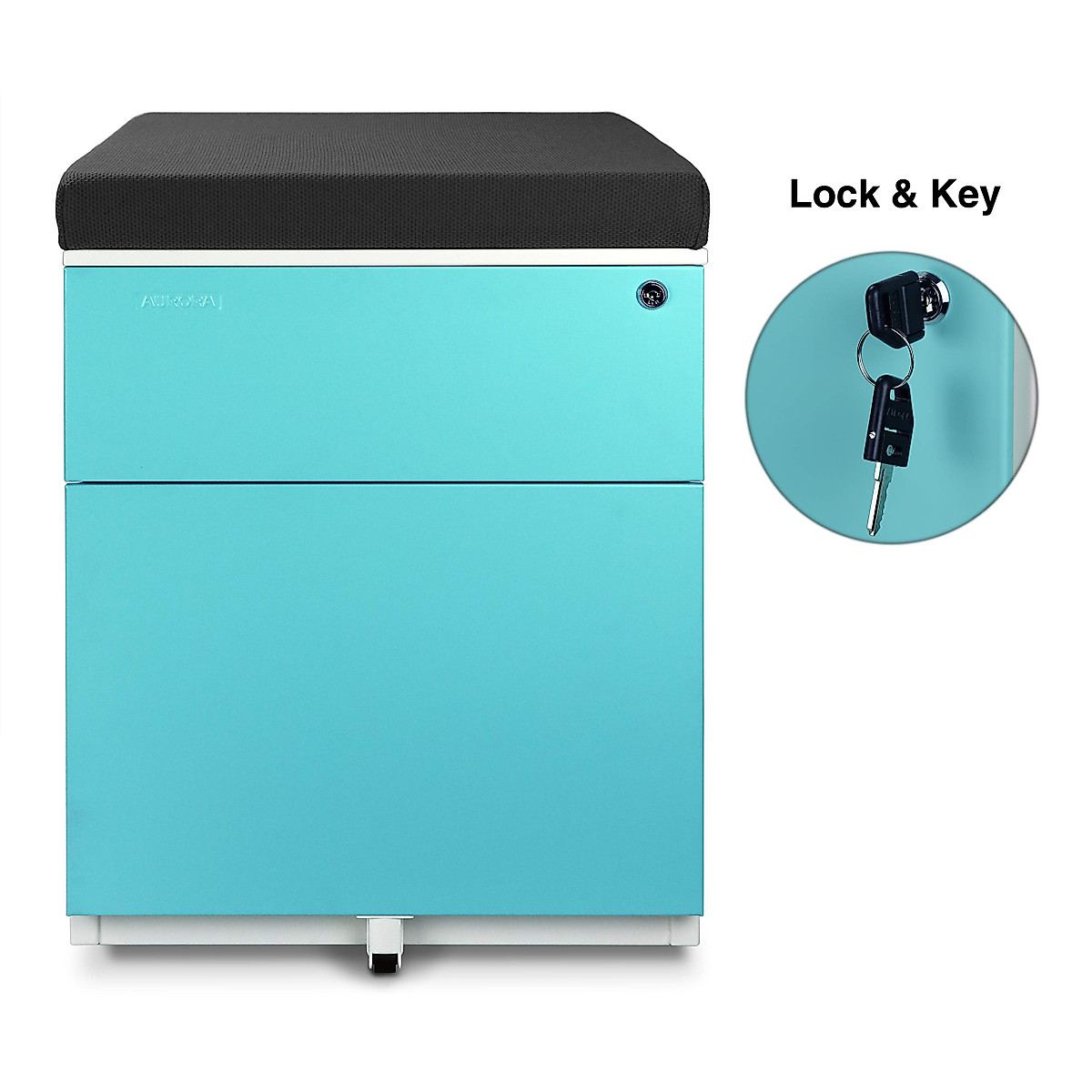 Aurora Mobile File Cabinet 2-Drawer Metal with Comfort Seat Cushion, Lock Key Sliding Drawer, Fully Assembled, Ready to Use, White/Aqua Blue