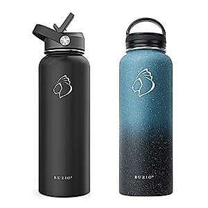 BUZIO Vacuum Insulated Stainless Steel Water Bottle 40oz with 40oz Insulated Three Caps Water Bottle, BPA Free Double Wall Water Flask with Carrying Pouch Double Vacuum Hot Cold Water Bottles
