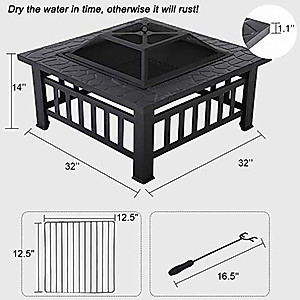 Vnewone 32'' Outdoor Fire Pit Metal Square Firepit Patio Stove Wood Burning for Backyard Garden Camping Picnic Bonfire with Spark Screen Cover, Log Grate, Poker,32" L32 W 14”, Black