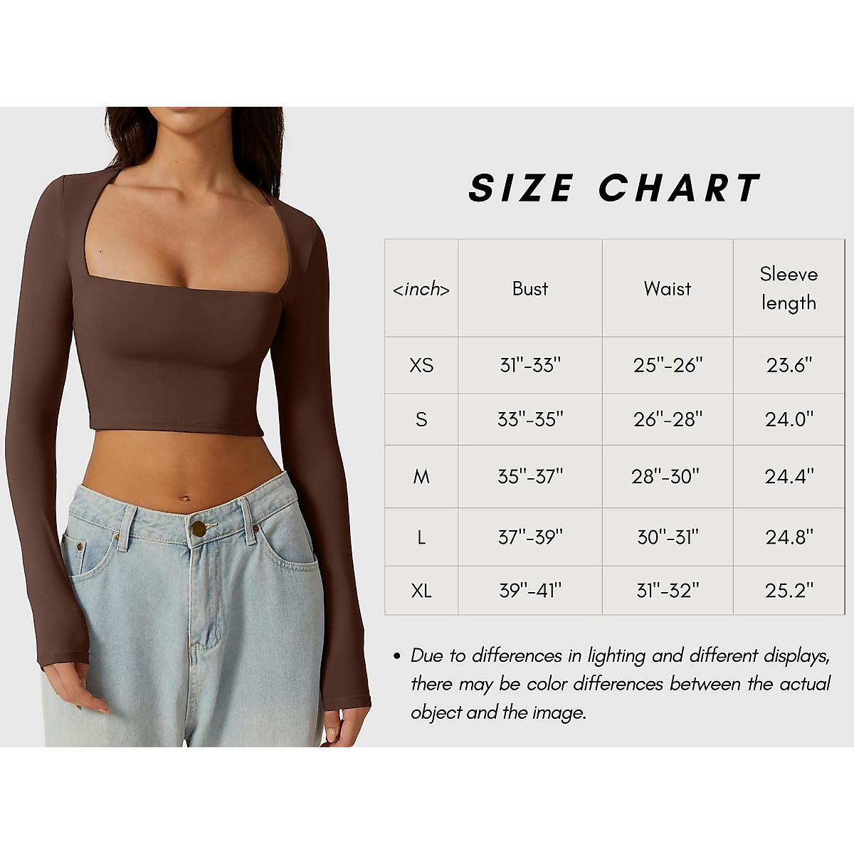 QINSEN Women's Sexy Square Neck Crop Top Long Sleeve Slim Fit Cropped T Shirts Coffee Bean M